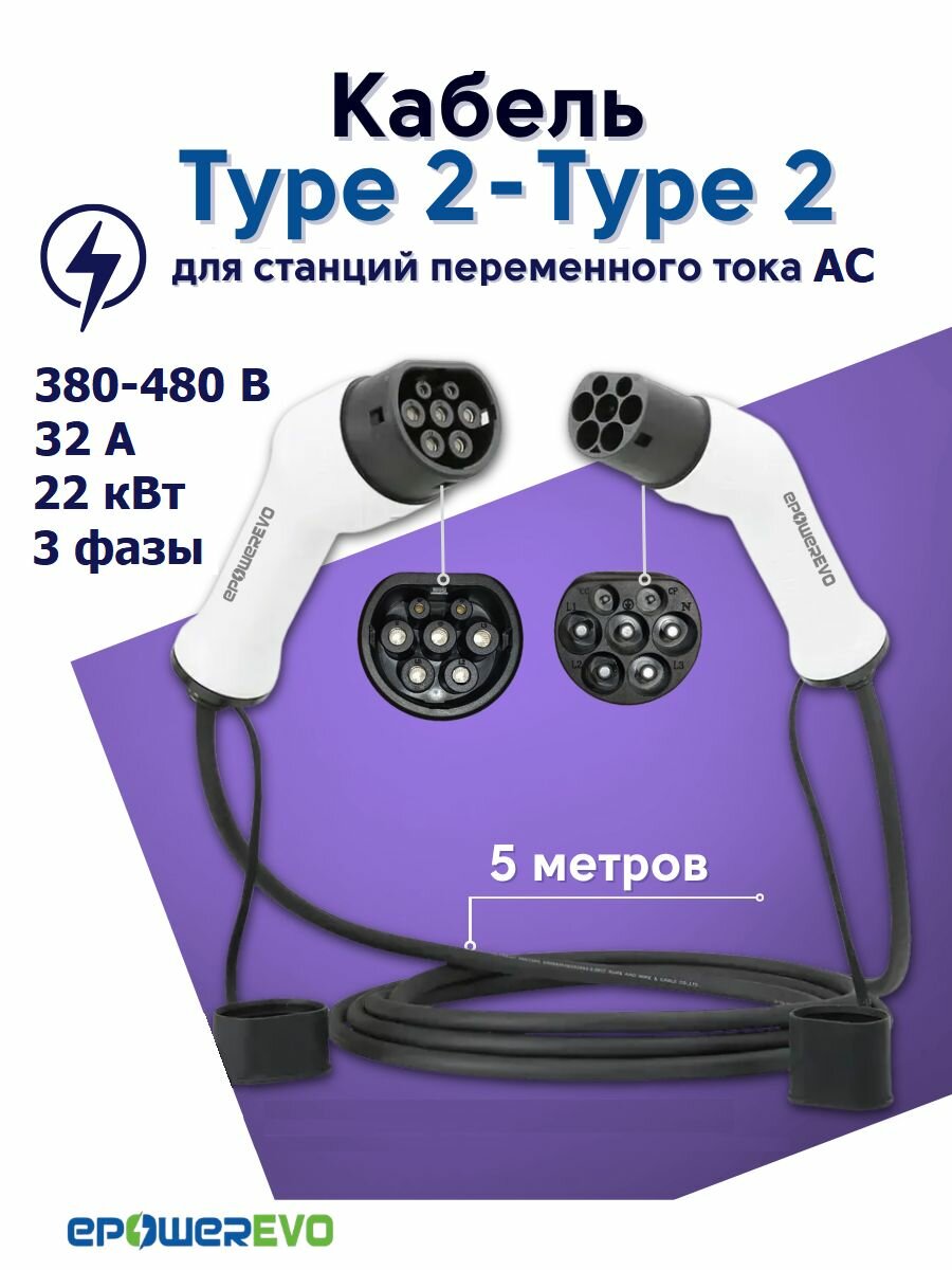Зарядный кабель для электромобиля Type2-Type2, 22 кВт, 380 - 480V, кабель 5 метров,