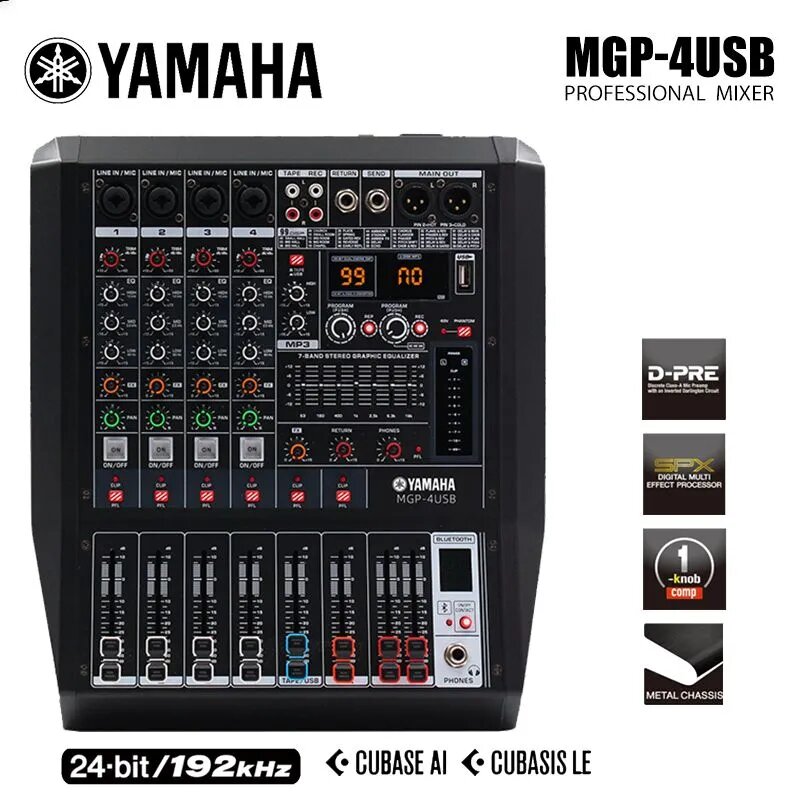 Yamaha MGP4USB Профессиональный аналоговый миксер с эффектом реверберации (Bluetooth, USB), Подходит для, бар диджей, сценическое шоу