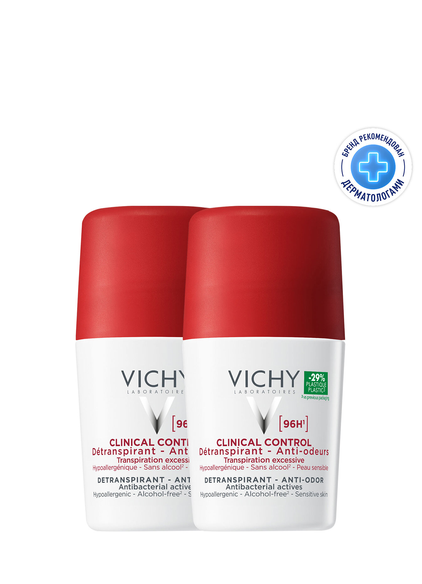 Vichy Clinical Control Дезодорант-антиперспирант от пота, 96 часов защиты, с цинком и перлитом, набор 2х50 мл