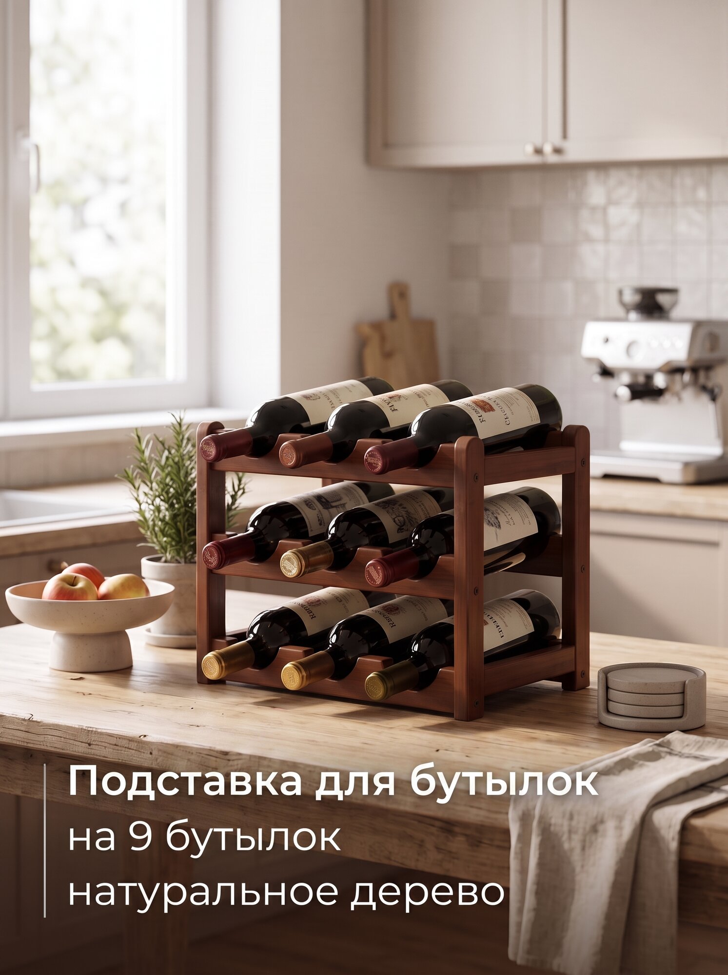 Подставка для бутылок вина "Деревянная", дерево, компактная, для 9 бутылок