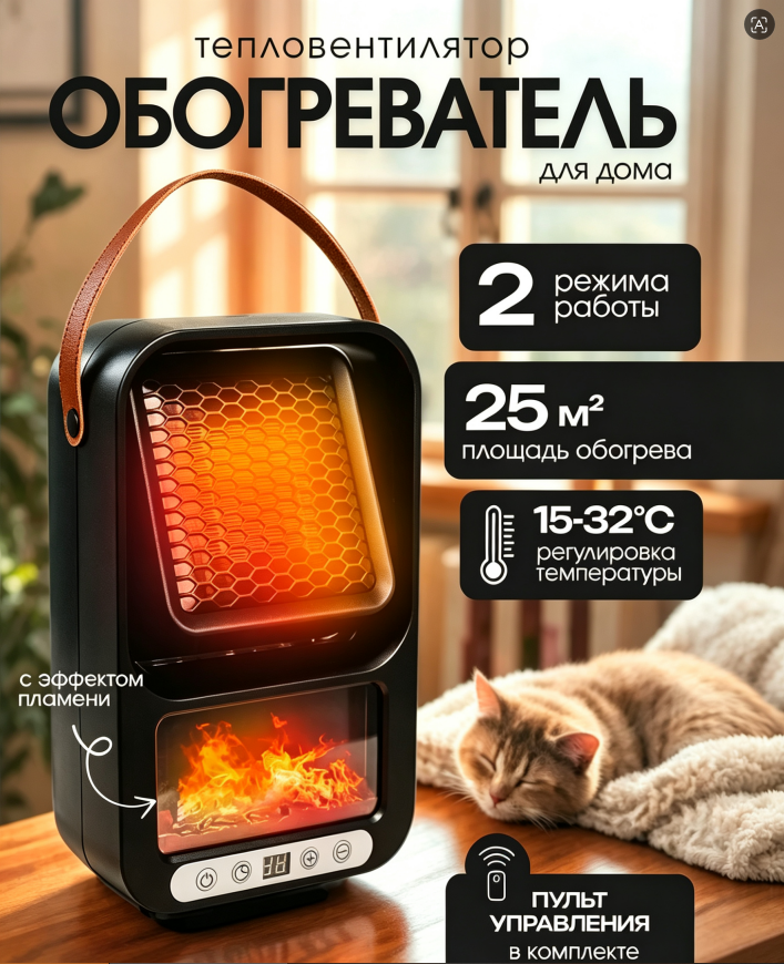 Электрический обогреватель с имитацией огня для дома 25 кв. м