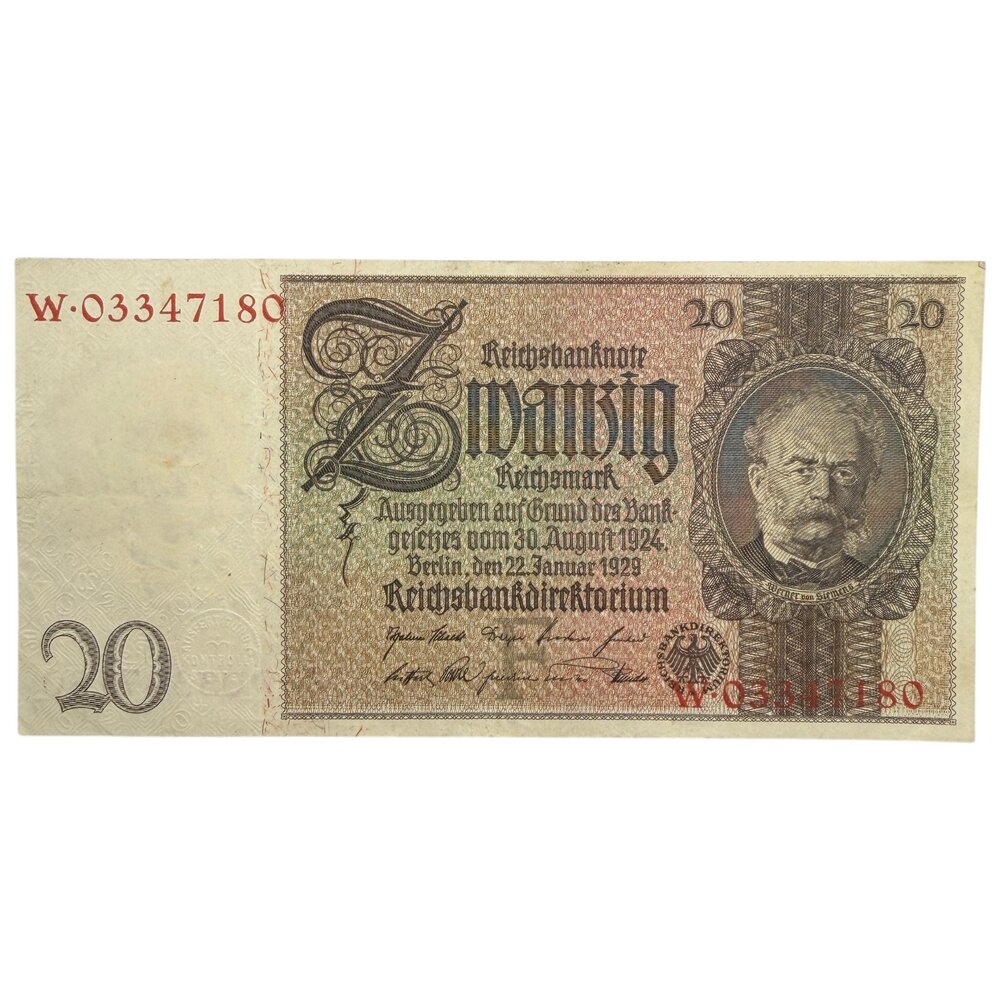 Веймарская республика (Германия) 20 рейхсмарок (марок) 1929 г. (Литера F) (Серия W)