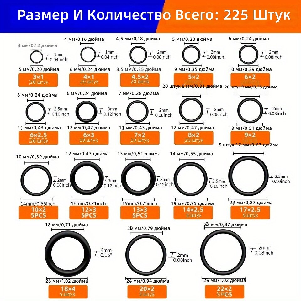 Набор уплотнительных колец из черного NBR-резины, 225 шт, для сантехники, газовой арматуры, автомобилей и кранов