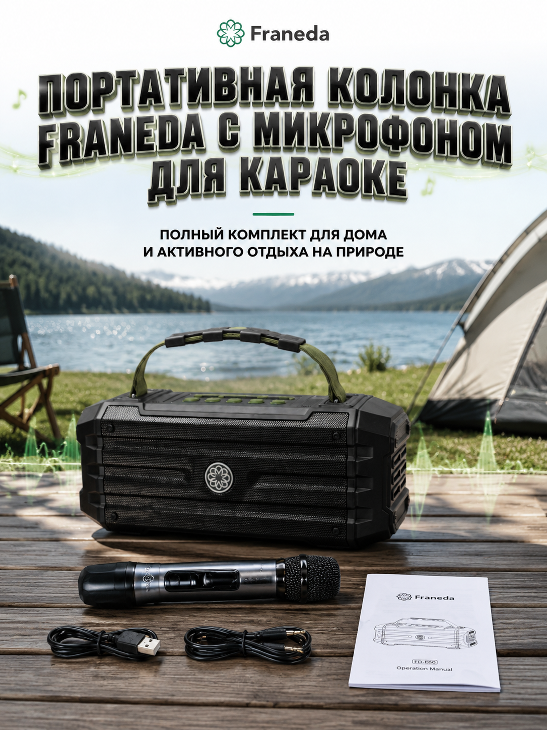 Портативная караоке-колонка FD-E50, до 60 Вт, 1беспроводных микрофона, аккумулятор 4000 мА·ч, черная