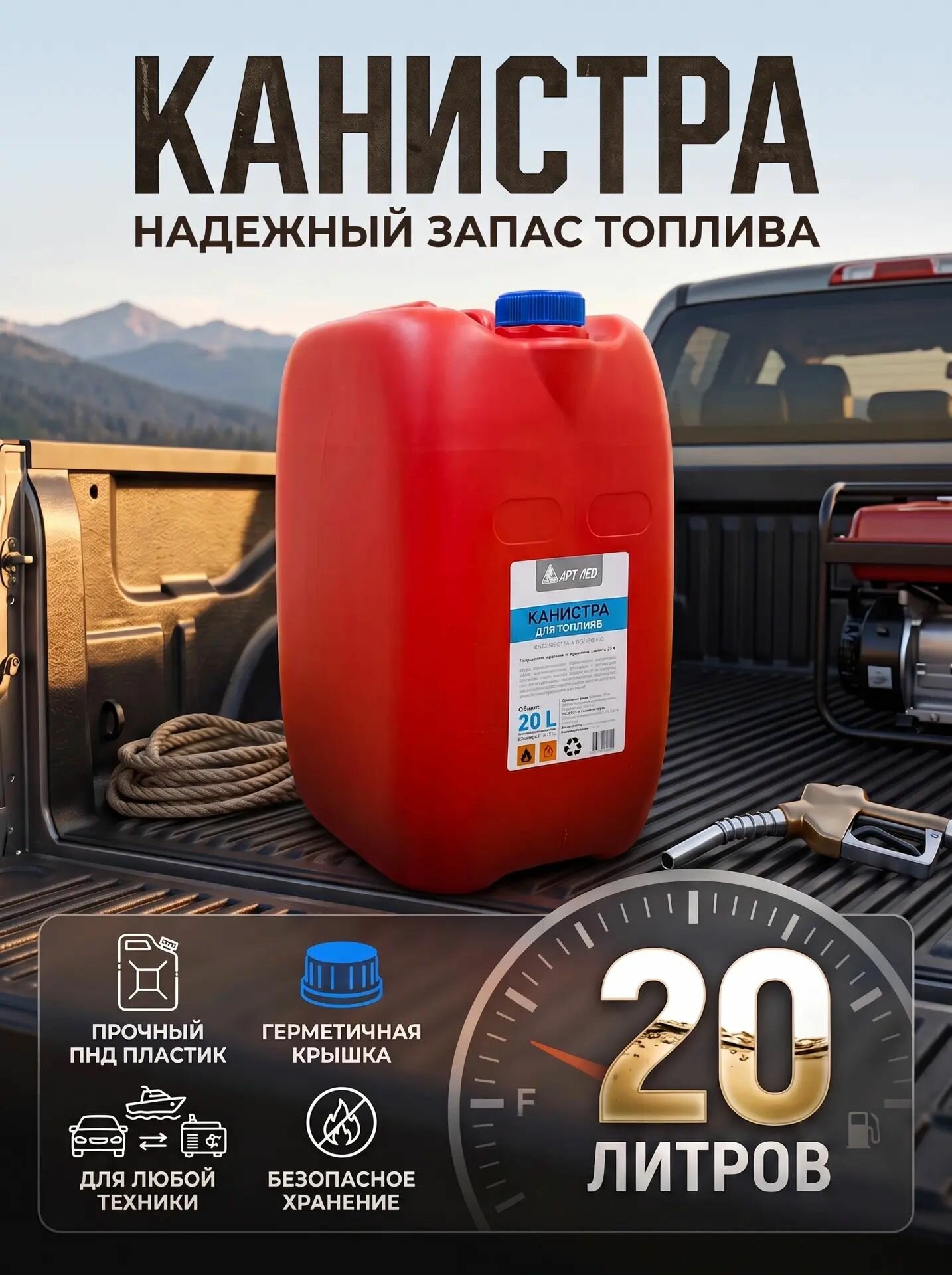 Канистра для топлива/ГСМ/дизеля, бензина и химии 20 литров- 1 шт