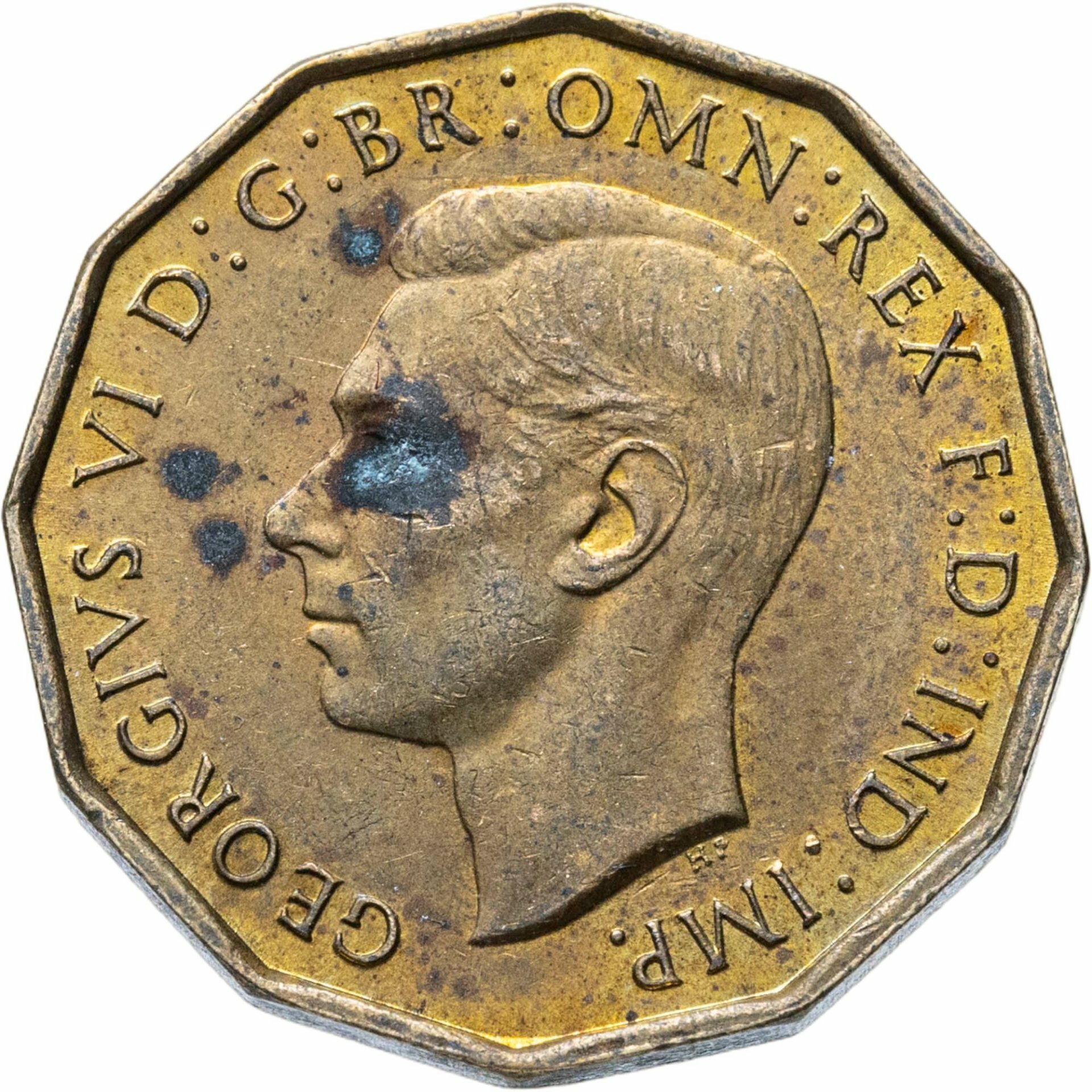 Великобритания 3 пенса pence 1937, Латунь, в сохранности XF