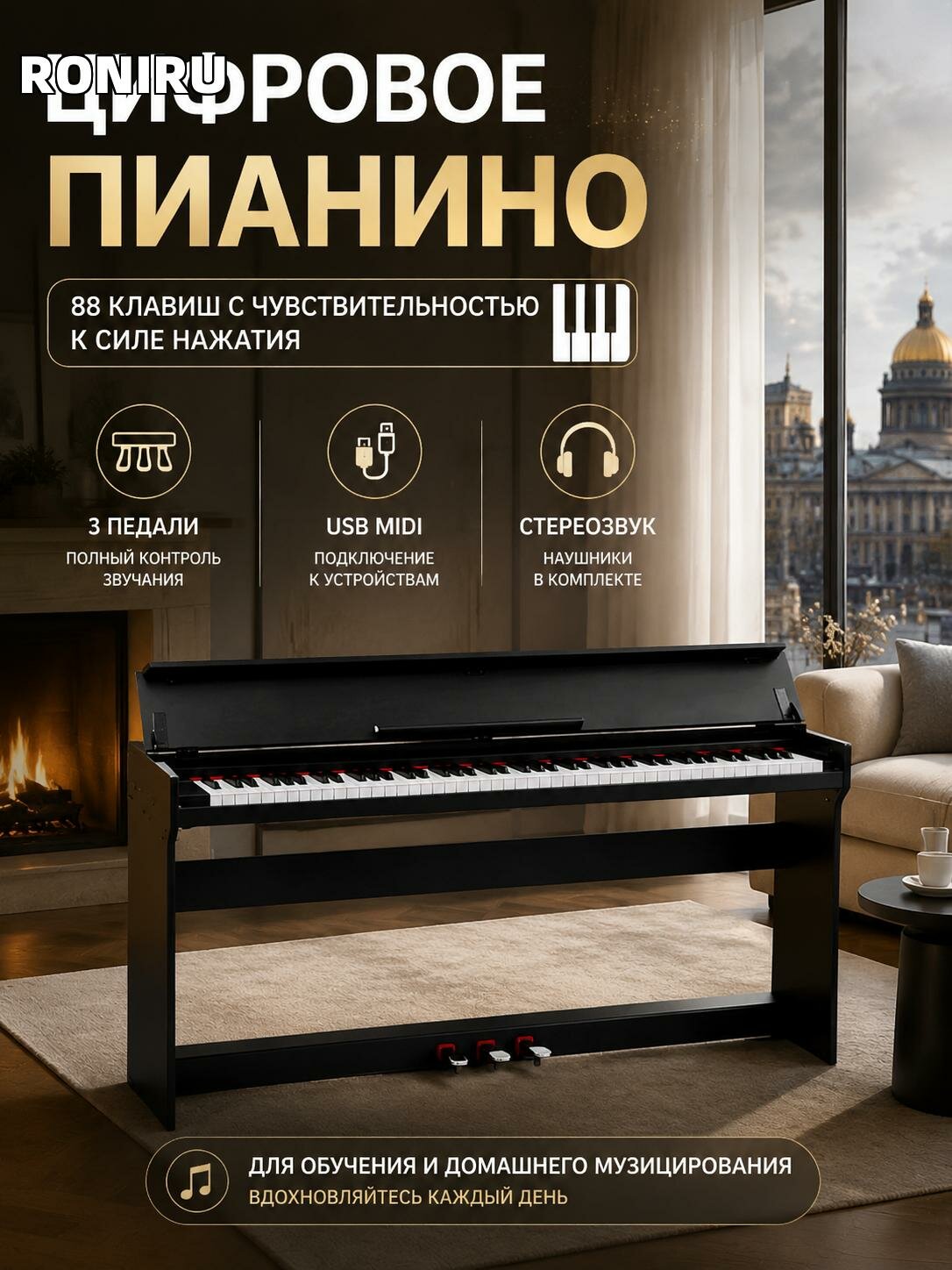 Цифровое пианино 88 клавиш с чувствительностью к силе нажатия, 3 педали и USB MIDI, стереозвук и наушники для обучения и домашнего музицирования