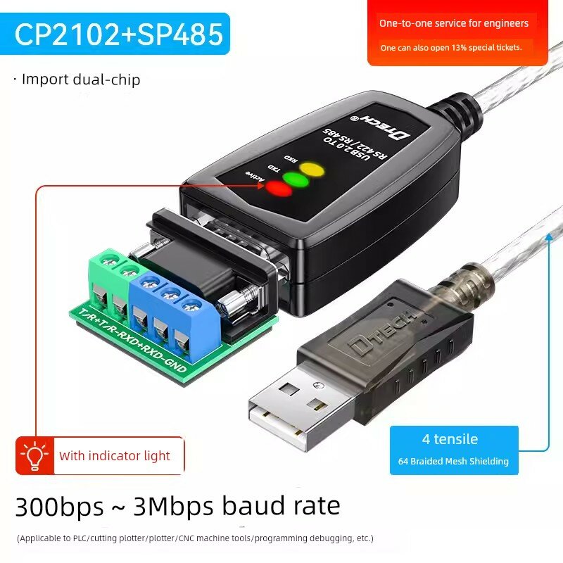 USB кабель для преобразования RS485/RS422 1.5м с чипом CP2102 промышленного класса без драйверов для промышленных