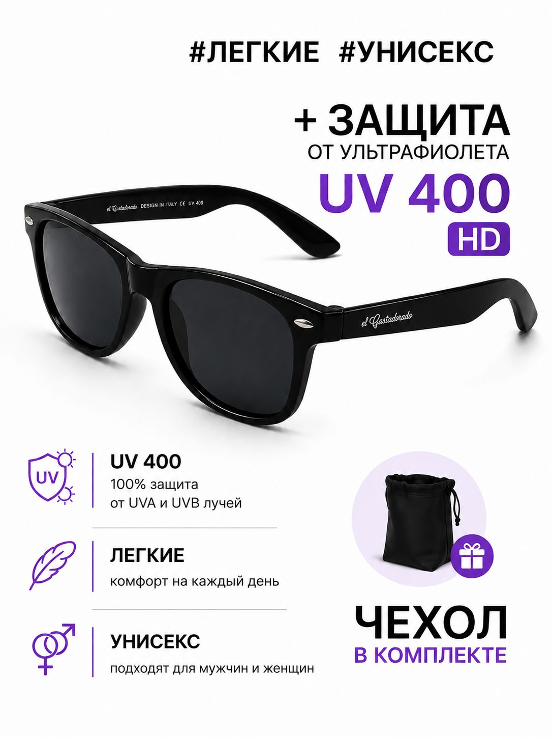Солнцезащитные очки EIC 1760 Wayfarer Total Black с чехлом. Черные мужские и женские очки от солнца, модные летние для подростков. Качественный аксессуар в подарок мужчине и женщине
