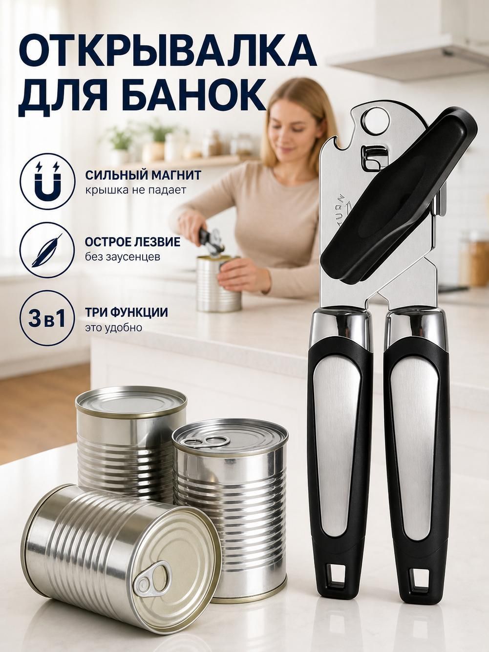 Универсальный ручной консервный нож 3 в 1, мощный инструмент для открывания банок и бутылок, многофункциональная кухонная открывалка, незаменимый помощник на кухне