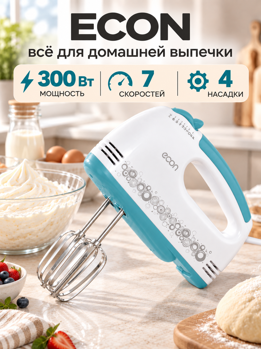 Миксер ECON ECO-101MX погружной, 7 скоростей, 4 насадки, 300 Вт