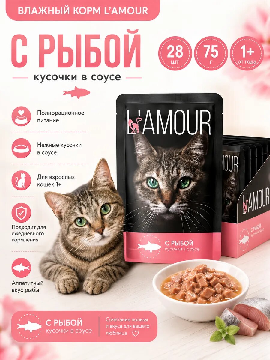 Влажный корм кошек L AMOUR с рыбой в соусе 75г х28шт