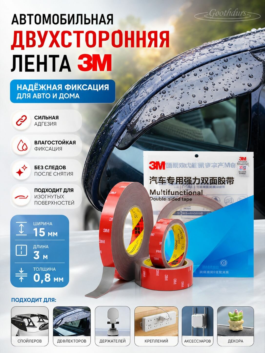 3M Клейкая лента 15 мм 3 м, 1 шт