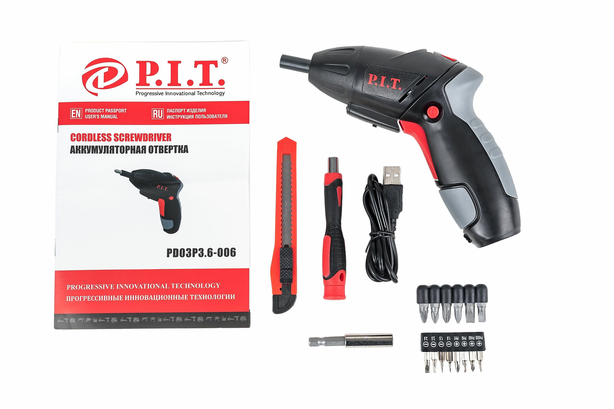 Отвертка аккумуляторная P.I.T. PD03P3.6-006 в кейсе, 3.5Нм, 180 об/мин, 3.6В, USB, фонарь
