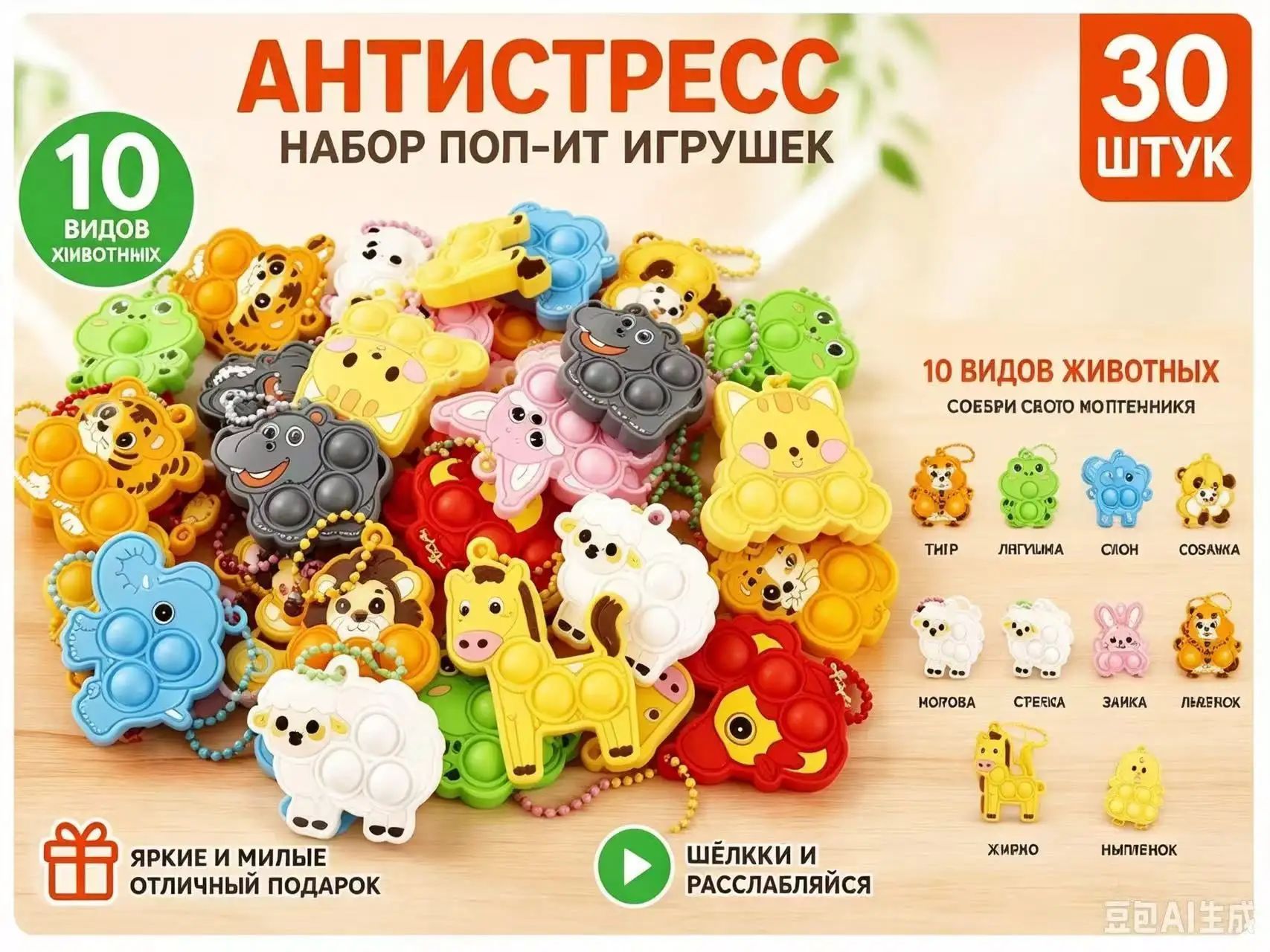 Эксклюзивные силиконовые брелоки Поп Ит: набор из 30 штук, включающий 10 видов животных, развивающие антистресс игрушки