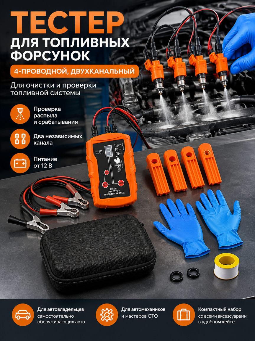 Тестер 4-проводной двухканальный для очистки и проверки топливных форсунок, полный набор