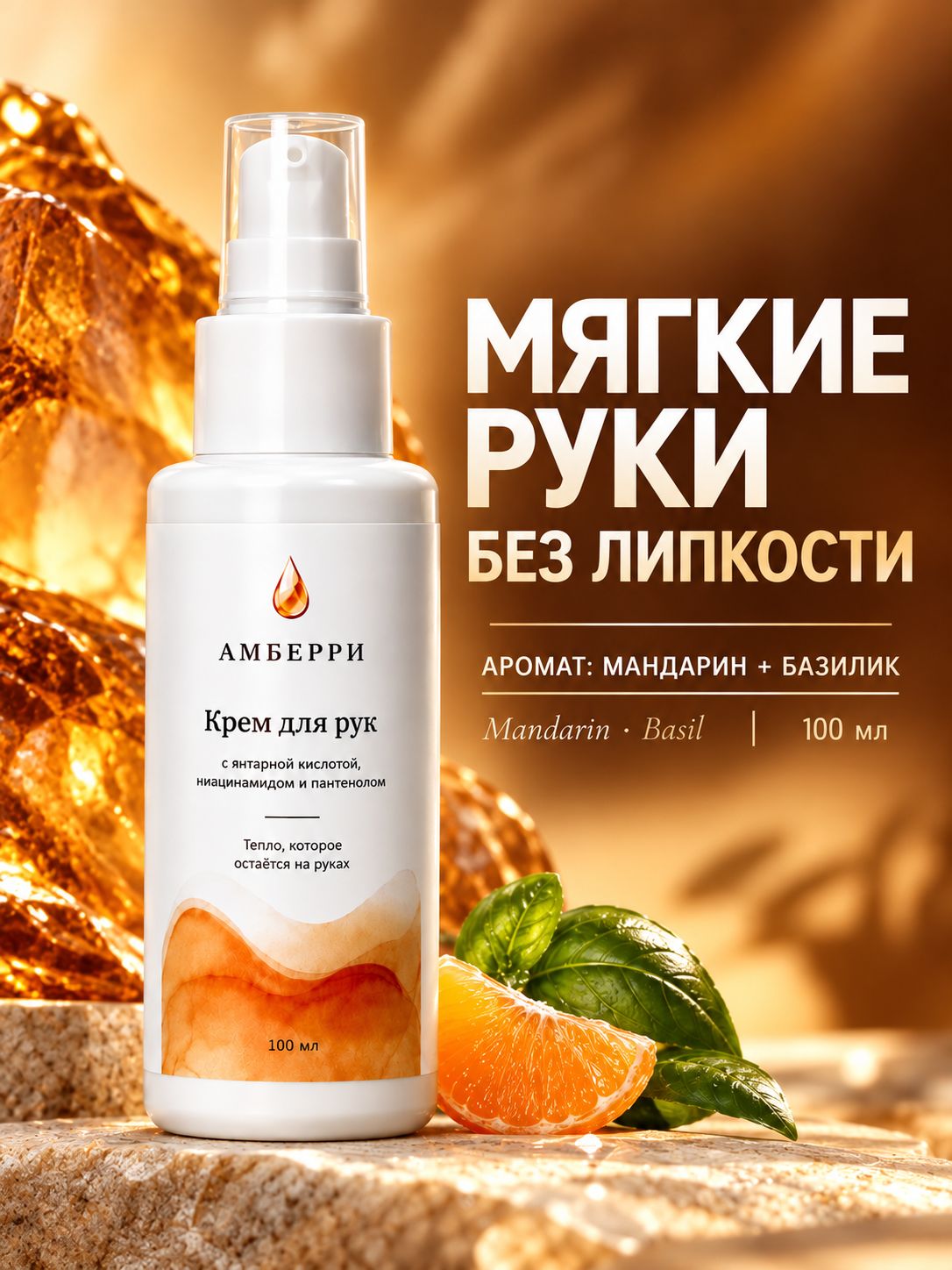 Янтарный крем для рук Амберри с дозатором, увлажняющий и парфюмированный, мандарин и базилик, 100 мл
