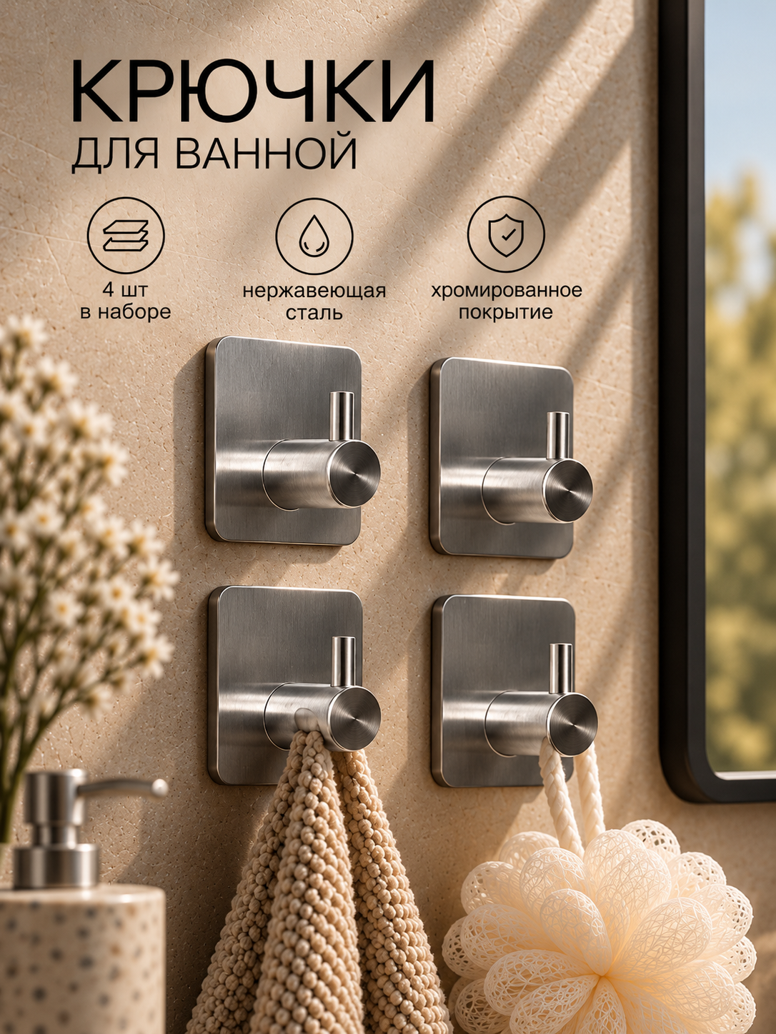 Крючки самоклеящиеся Stölz, 4 шт, для ванной комнаты, 4,5×4,5×3 см, хромированные