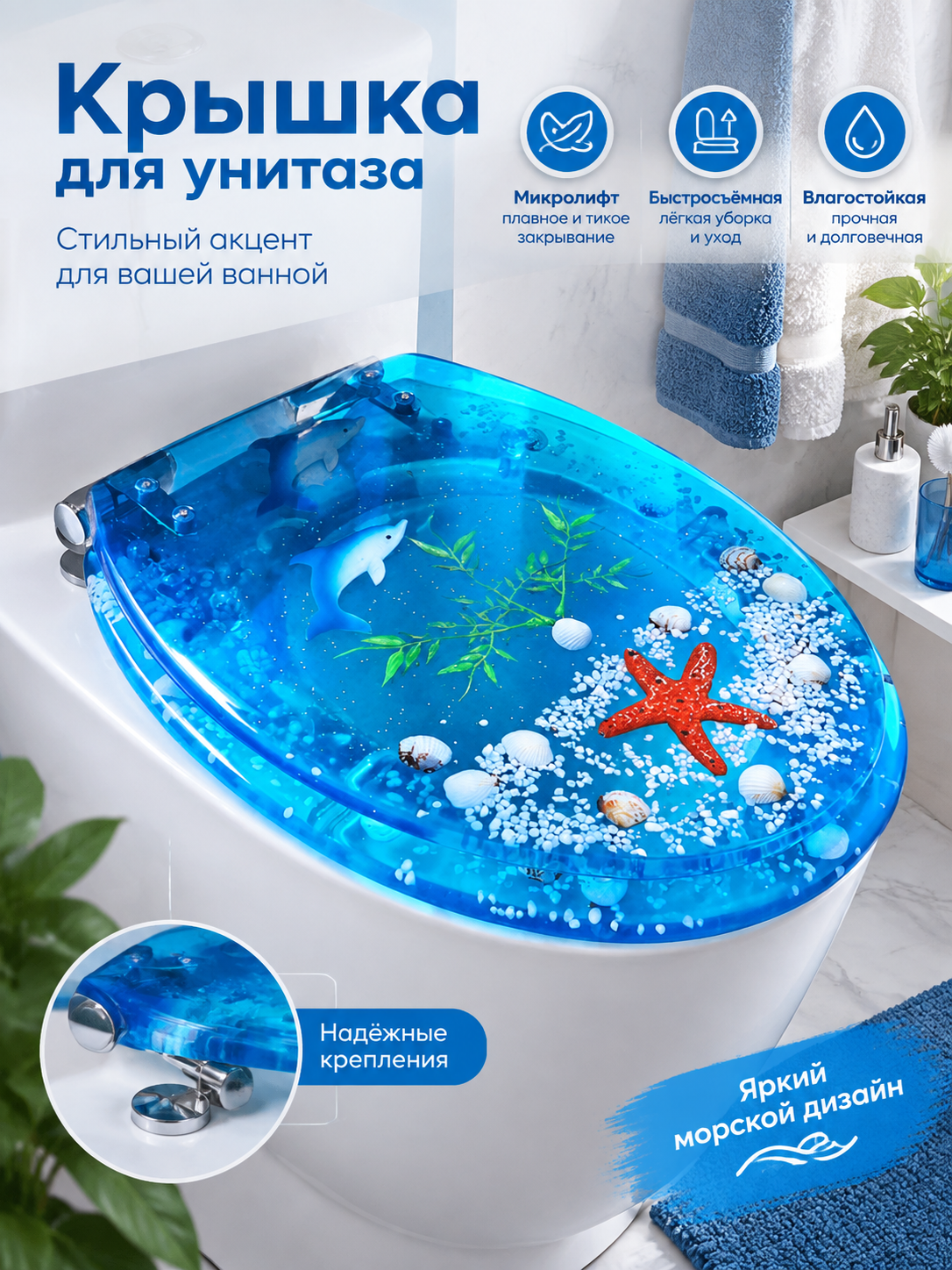 Овальная прозрачная крышка для унитаза с микролифтом, быстросъёмная, синяя, с морским декором