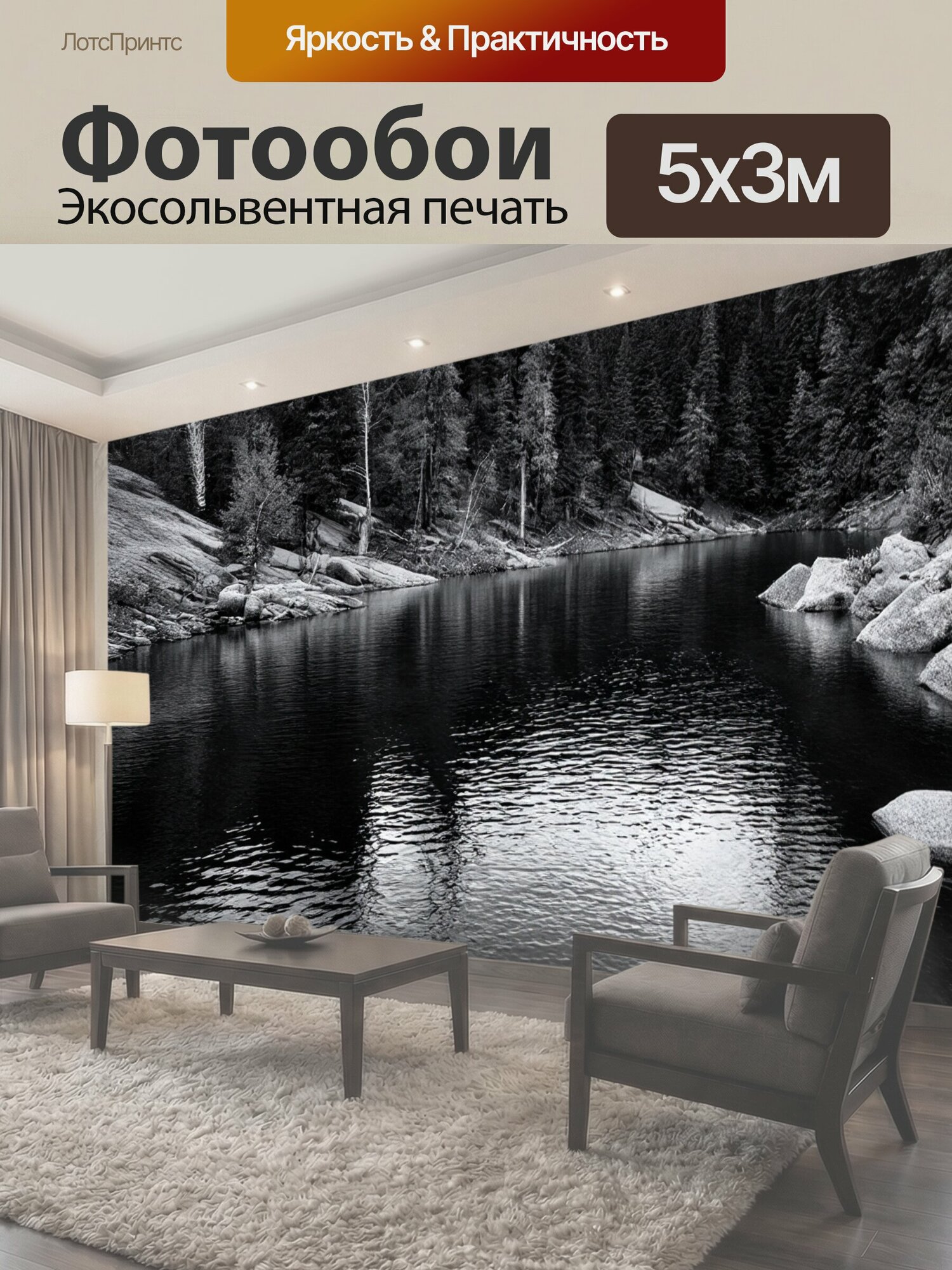 Фотообои "Озеро в черно-белом стиле, шумный поток, впадающий в озеро" 500x300 см. экосольвентная печать