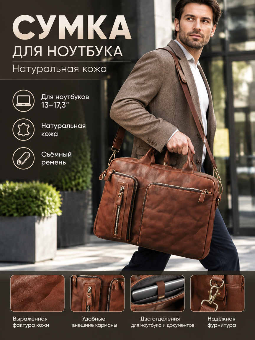 Портфель для ноутбука из натуральной кожи 13-17,3 дюйма, сумка с ручками и ремнем, коричневая