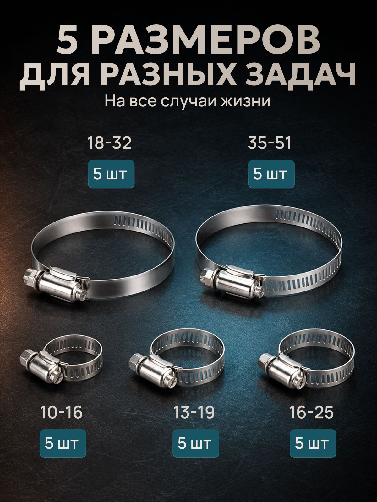 Набор хомутов червячных из 5 размеров: 10-16, 13-19, 16-25, 18-32, 35-51 мм, 25 штук, (хомуты металлические для шланга)