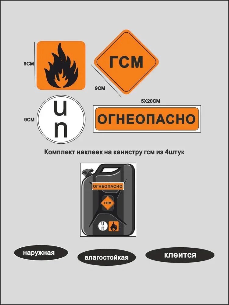 Комплект наклеек на канистру ГСМ Огнеопасно, набор из 4 штук, предупреждающие стикеры для авто, бочки, тары