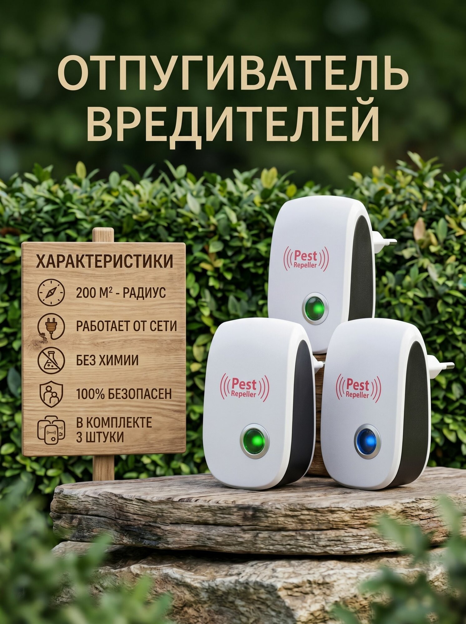 Ультразвуковой отпугиватель мышей и крыс для дома, 3 шт, радиус действия 200 м², без химии, безопасный