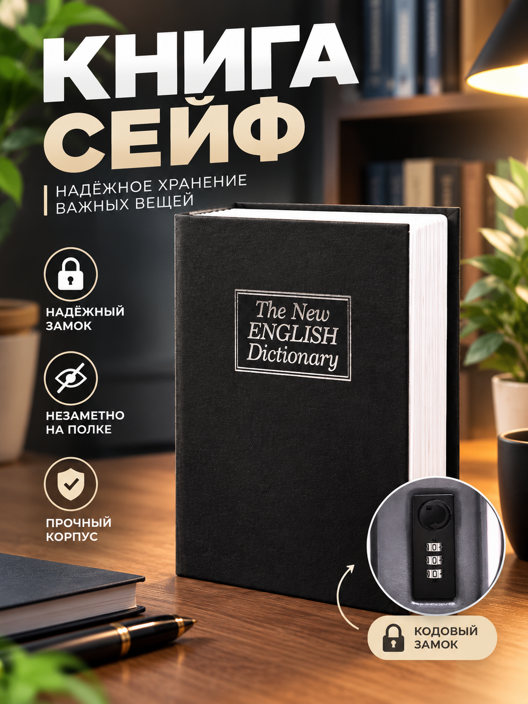 Книга-сейф Baloo B-BS18С-BL 180х115х55мм тайник для денег и документов, шкатулка-сейф с кодовым замком, черная