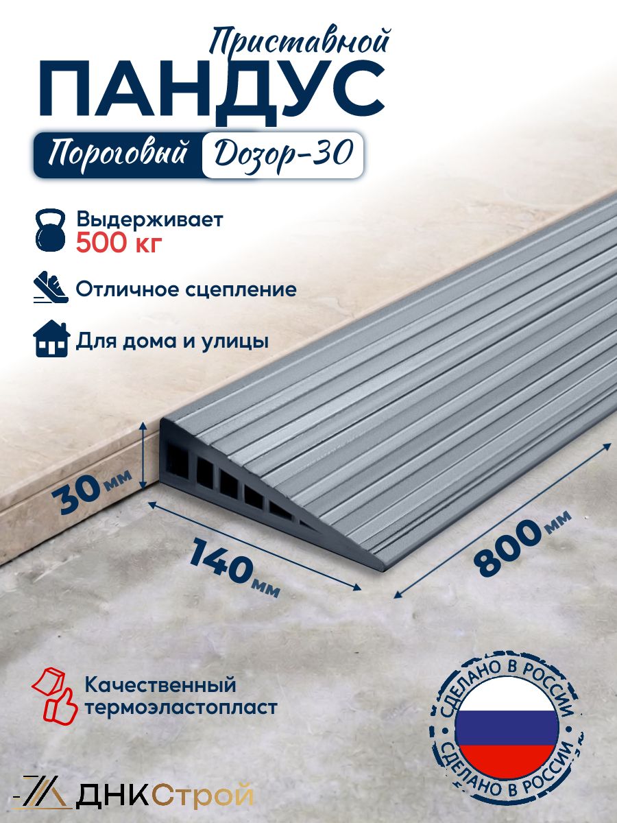 Пандус резиновый пороговый 30 мм высота, рампа приставная противоскользящая, 80 см длина, серый