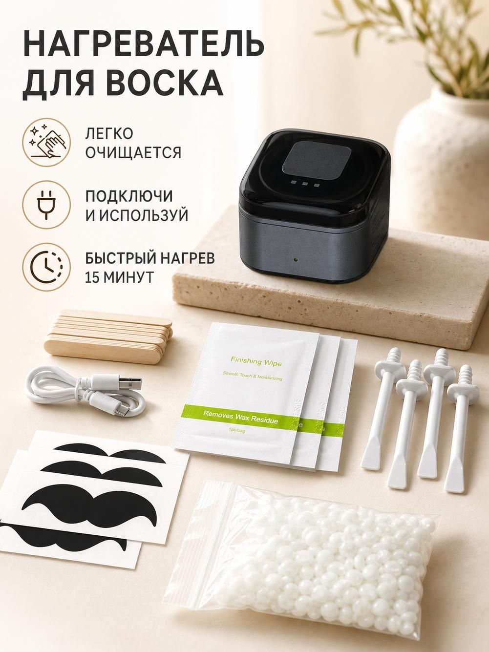 Разогреватель воска с воском и палочками, розовый, 120 градусов