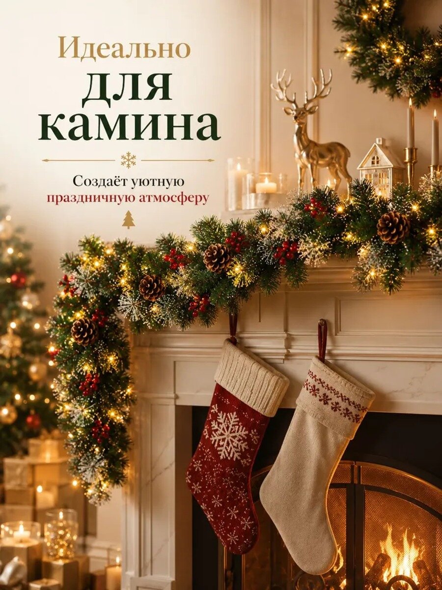 Гирлянда хвойная 270 см, зелёная, ПВХ, 1 шт, с шишками и рябиной