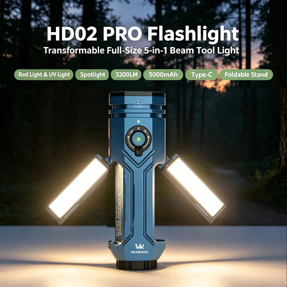 Фонарь Wurkkos HD02 PRO 3200 лм, многофункциональный рабочий фонарь 5-в-1, 180° ° Поворотный USB-перезаряжаемый светильник, идеально подходит для кемпинг