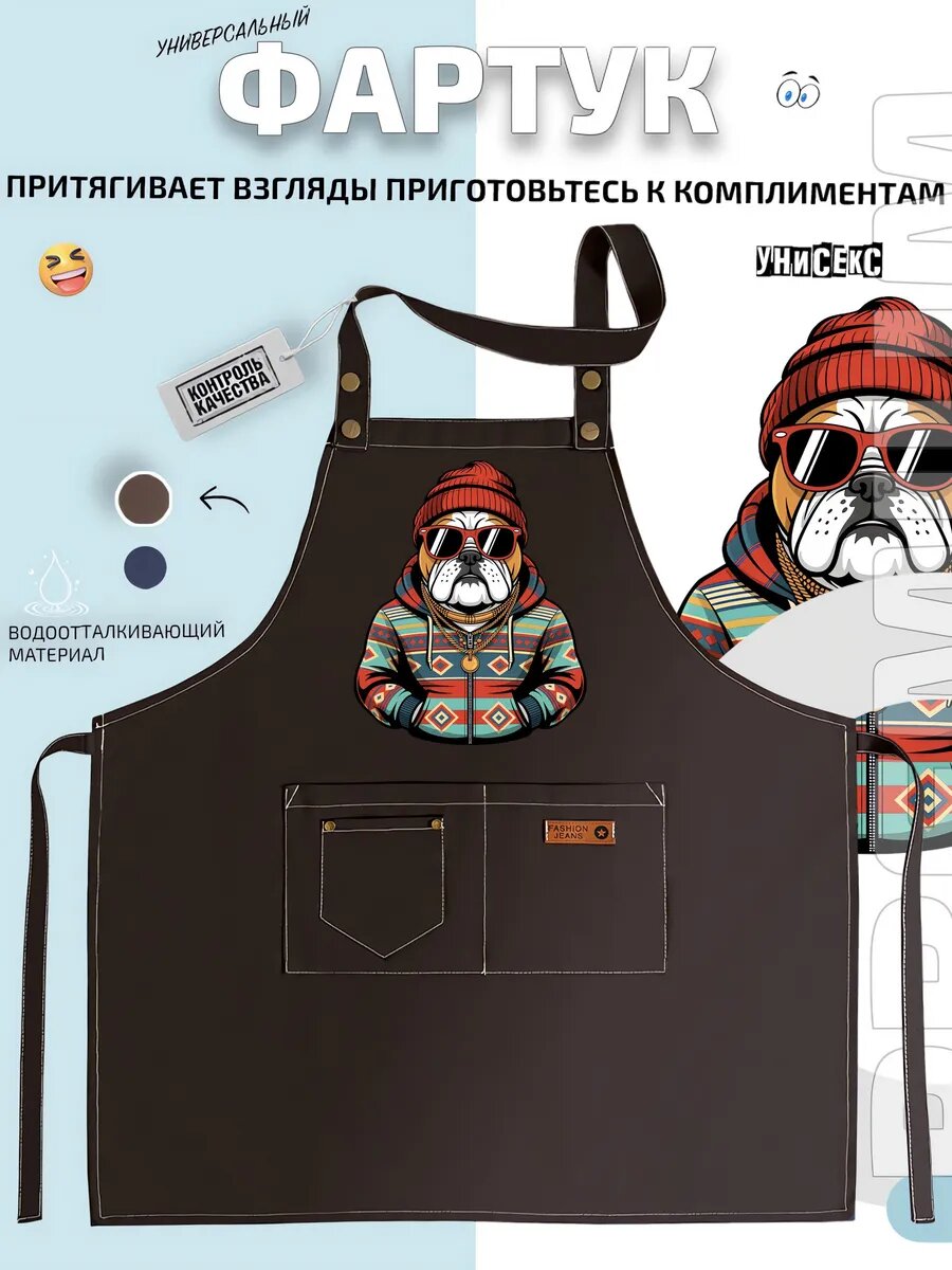 Фартук Мопс Pug с красной шапкой и яркой курткой кухонный с принтом универсальный
