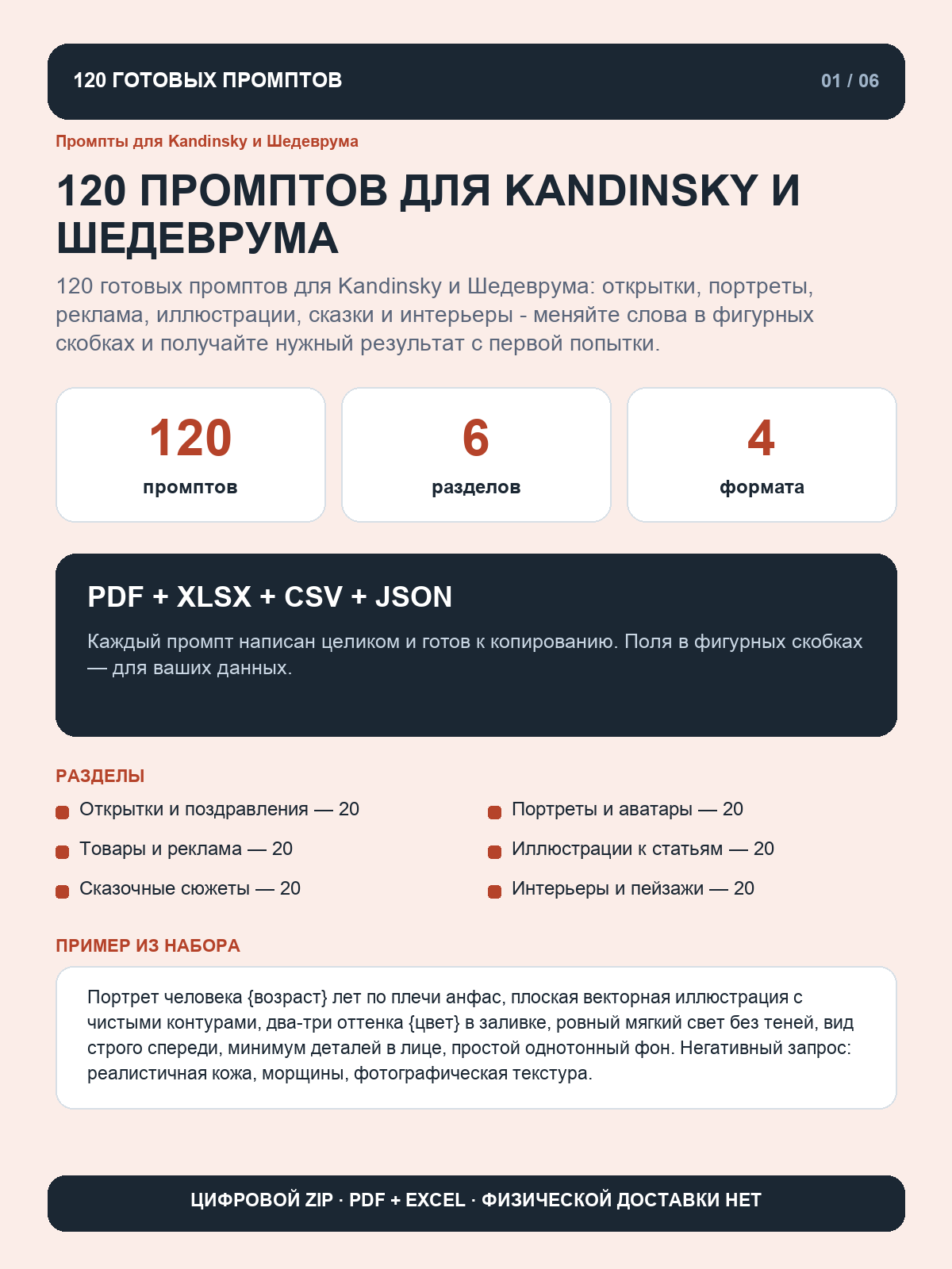 Промпты для Kandinsky и Шедеврума: 120 запросов на русском для генерации картинок, цифровой ZIP PDF Excel
