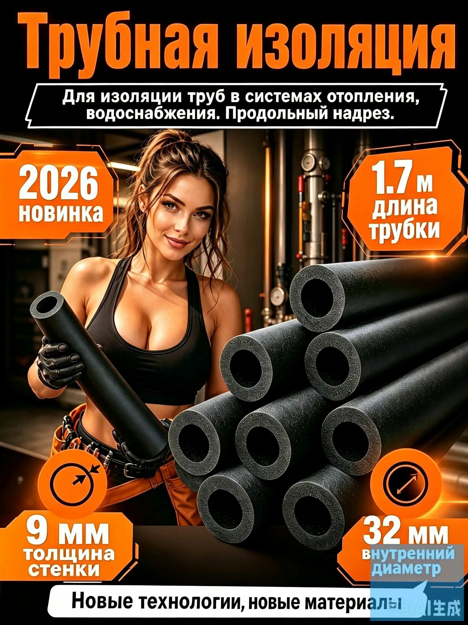 Трубная изоляция из вспененного полиэтилена 32x9 мм, 1.7 м, серая, для труб отопления, водоснабжения и кондиционирования