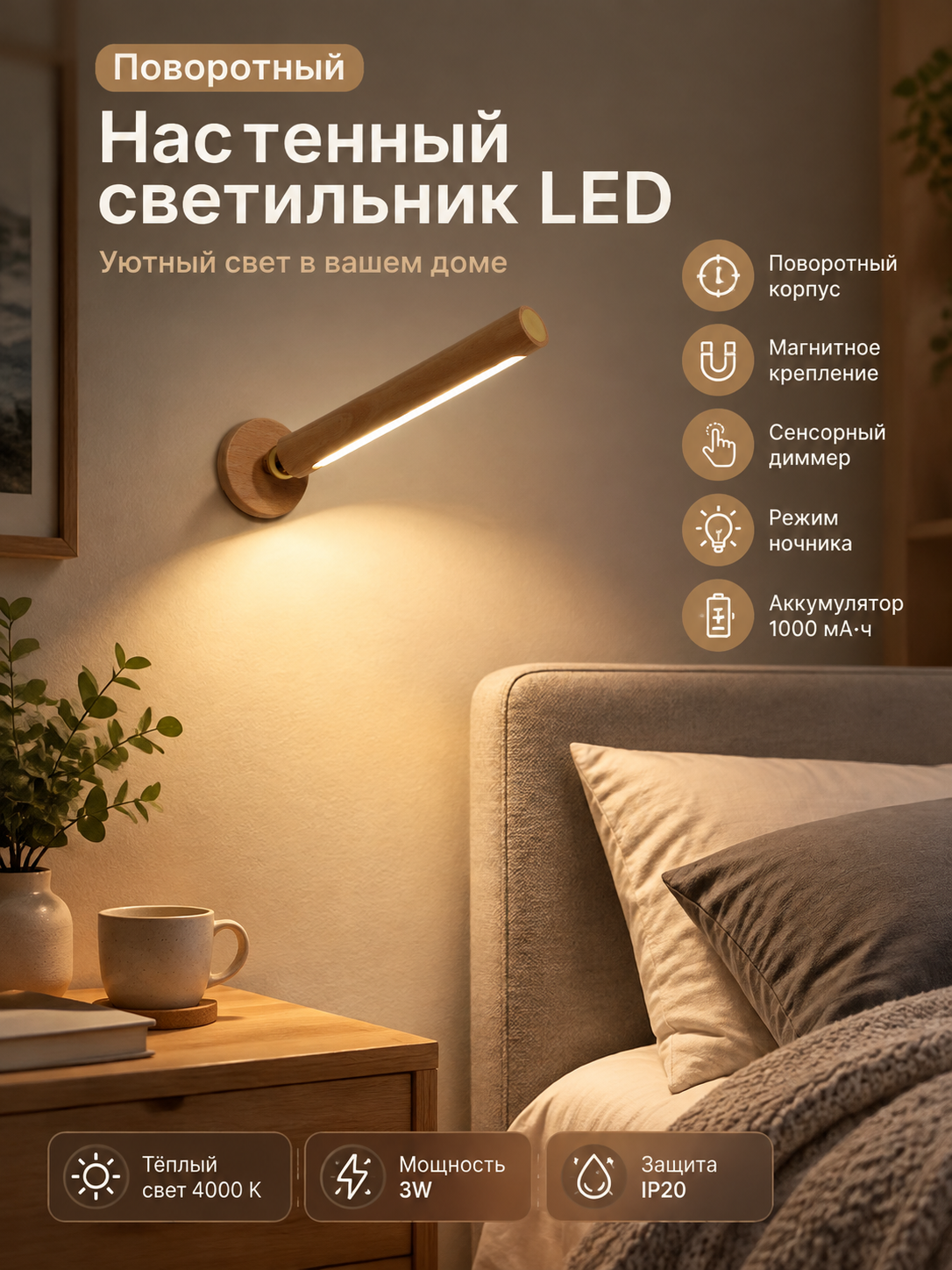 Светильник настенный LED 3W поворотный, сенсорный диммер, аккумулятор 1000 мА·ч, дерево светлое