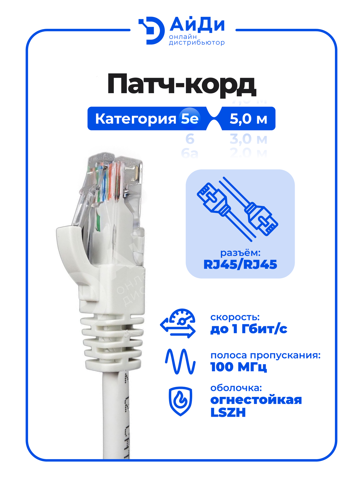 Интернет-кабель, категория 5е, неэкранированный, U/UTP, RJ45-RJ45, 100 МГц LSZH, AWG24 5м, белый