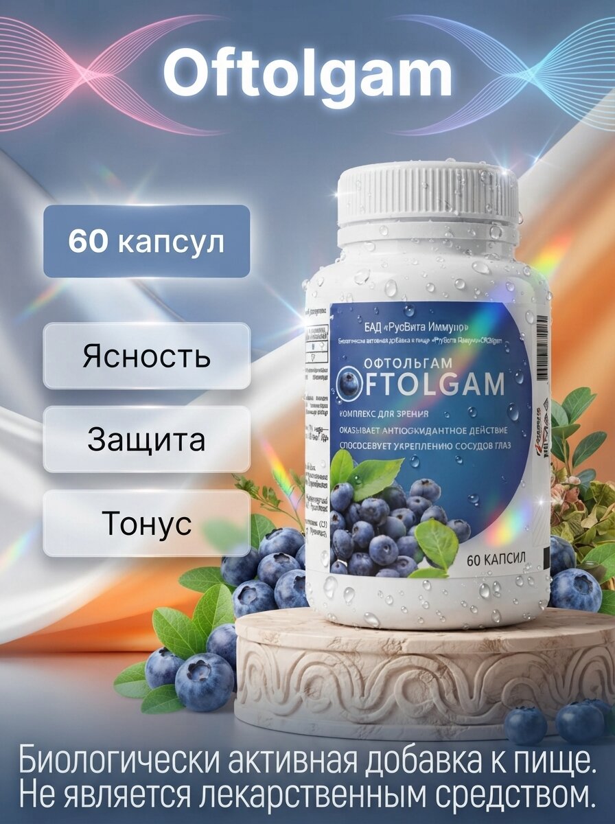 БАД для поддержки глаз Oftolgam, активные ингредиенты, натуральный состав, 60 капсул