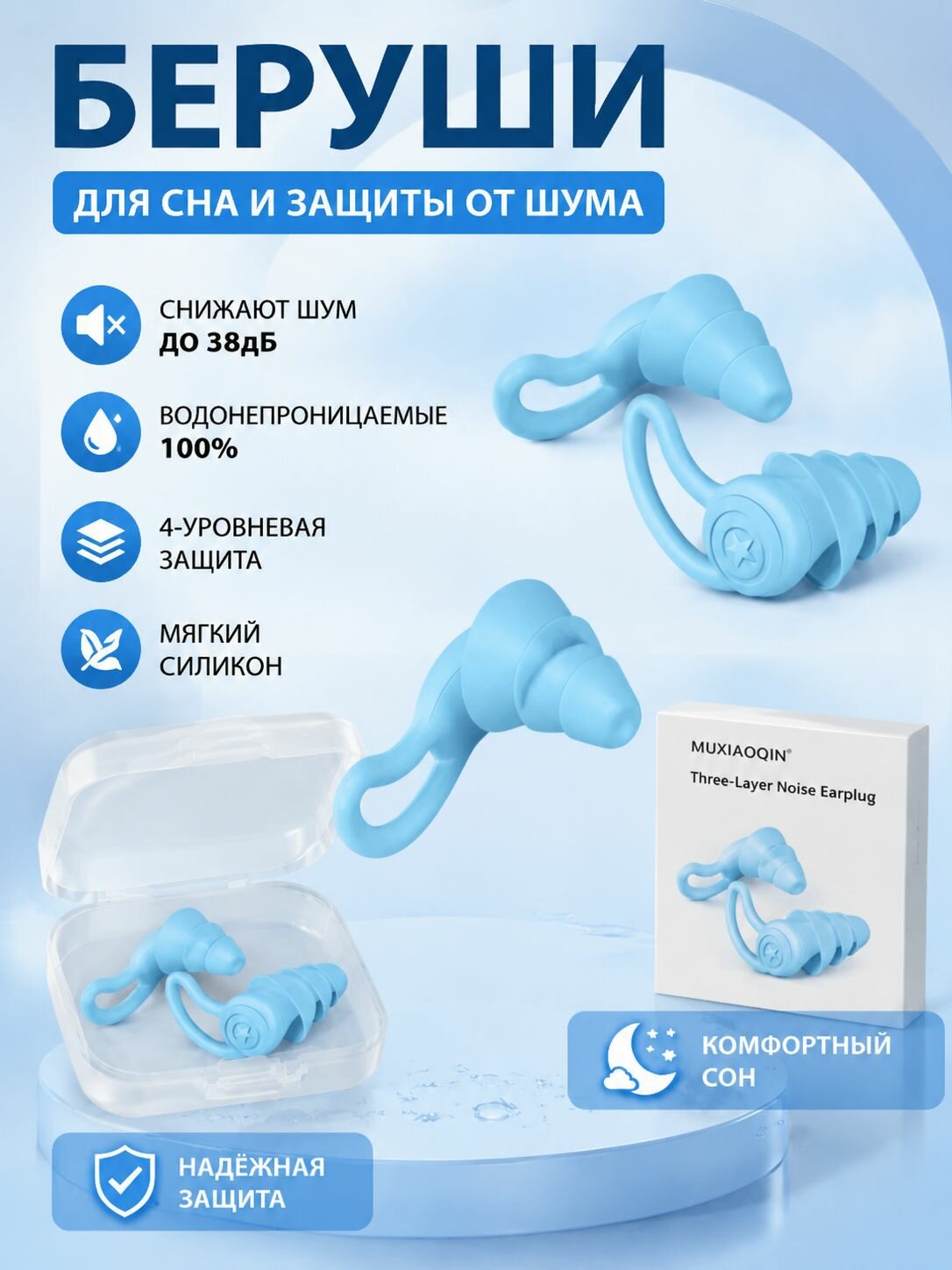 Шумоизоляционные силиконовые беруши для сна, плавания и путешествийНаушники противошумныеголубой