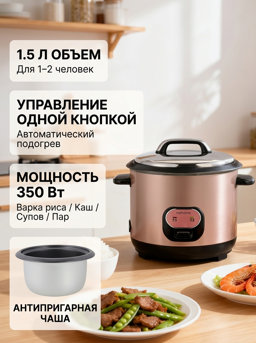 Классическая механическая рисоварка 1.5 л, без парового ковша, для 1–2 человек, с антипригарной чашей