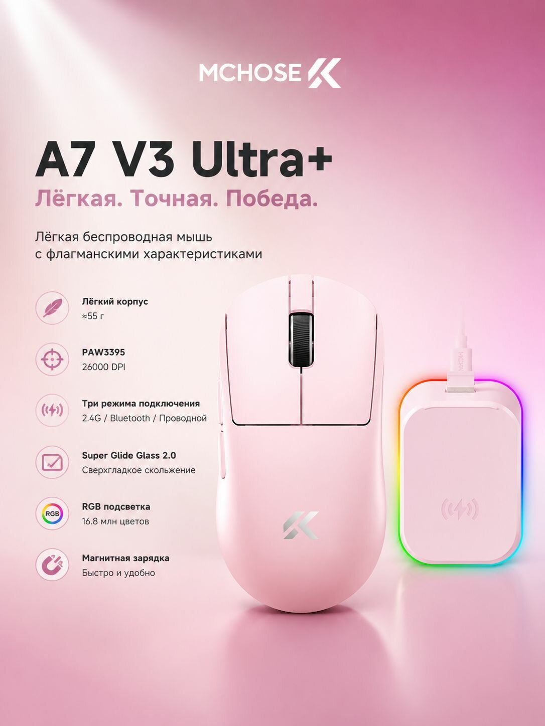 MCHOSE A7 V3 Ultra+ Беспроводная ультралегкая игровая мышь с флагманским сенсором PAW3955 TI, двойной 8K опрос, 59 г, Super Glide 2.0, RGB магнитная зарядная подставка, для средней и большой руки