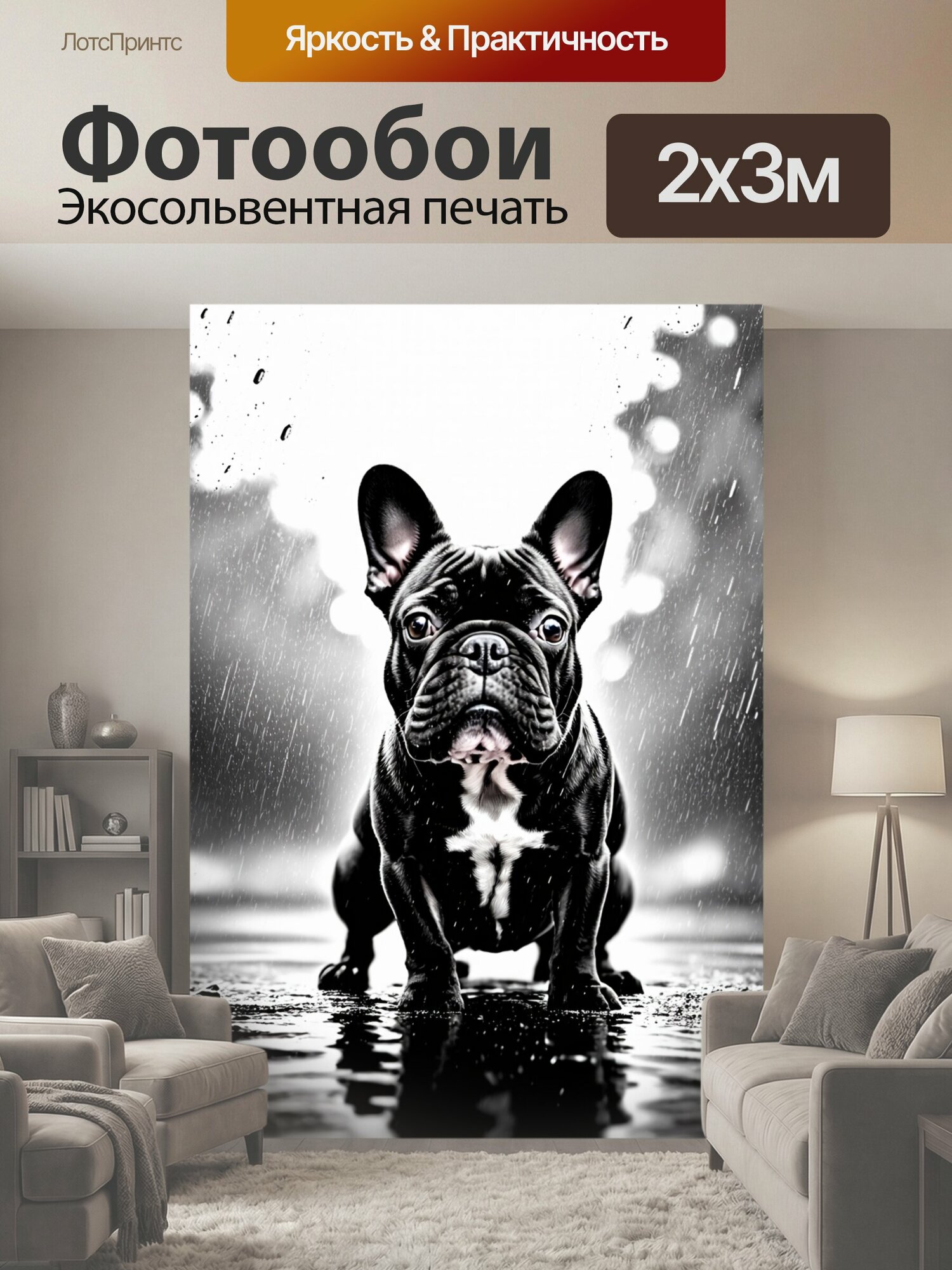 Фотообои "Сцена с французским бульдогом под громким дождем, реализованная в черно-белом прямо-стиле, создающей контраст между тишиной собаки и." 200x300 см. экосольвентная печать