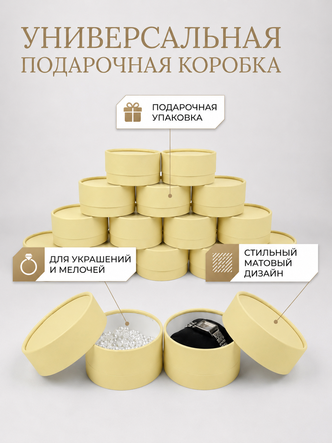 Набор круглых коробок с крышками 16 шт кремовый