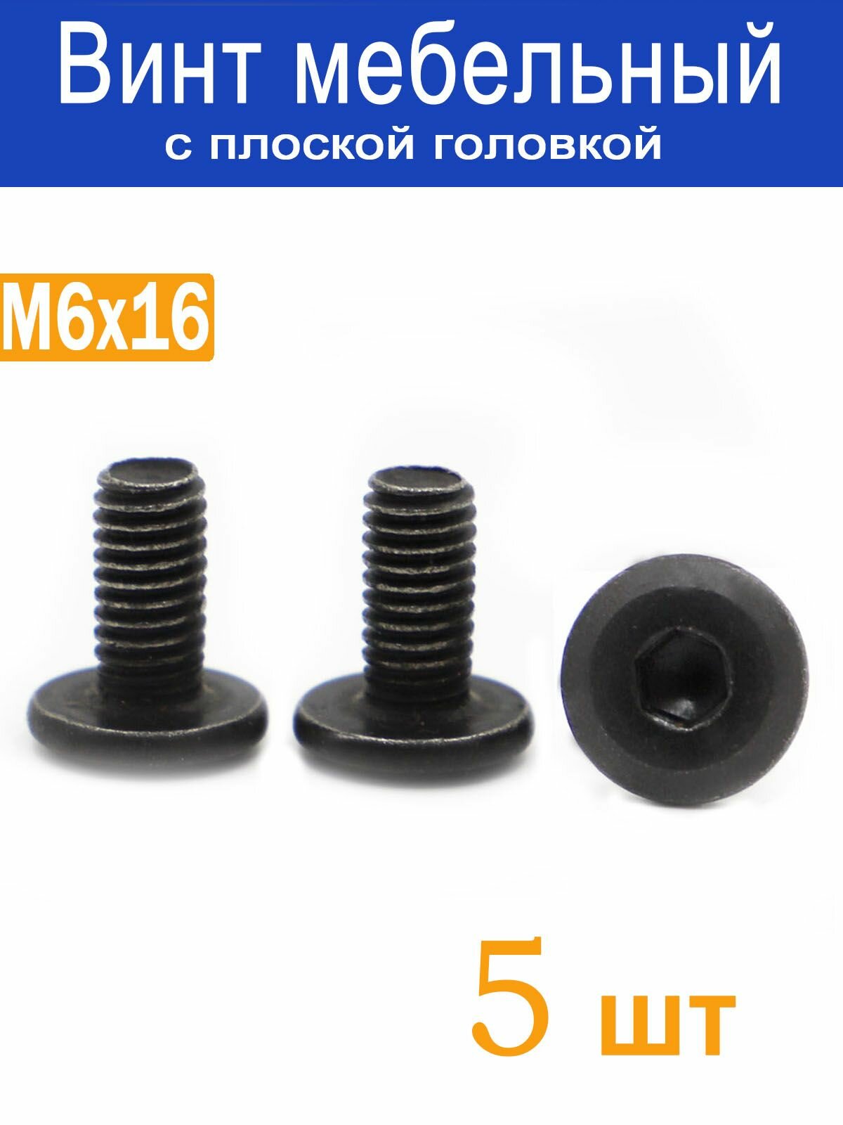 Винт M6 x 6 x 16 мм, головка: Плоская, 5 шт. крепеж метизы