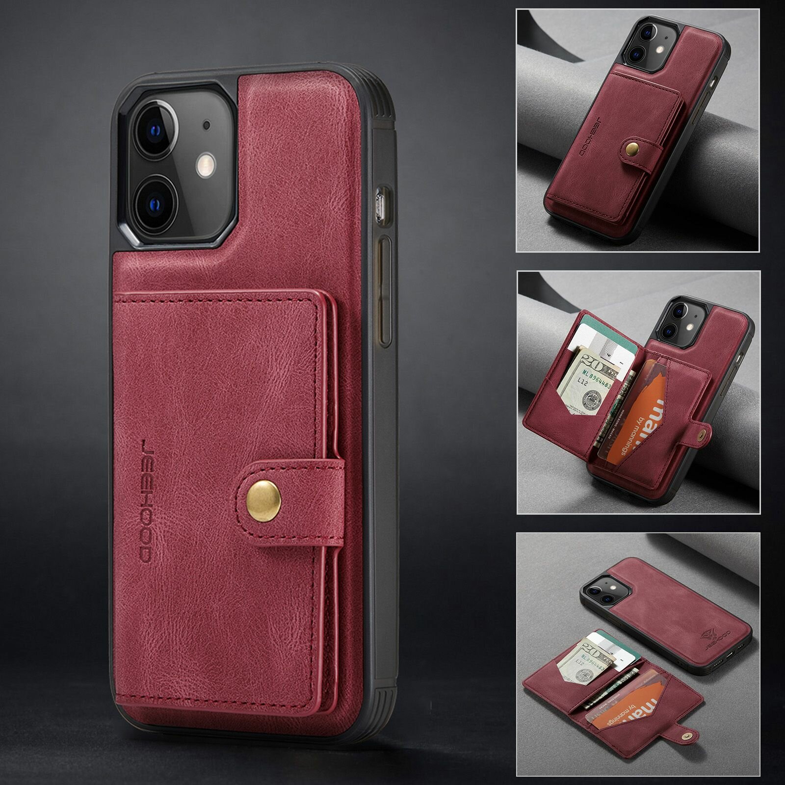Jeehood Кожаный Чехол На Apple IPhone 12 Mini (Эпл Айфон 12 Мини) Магнитный, Кошелек Картхолдер, Противоударный
