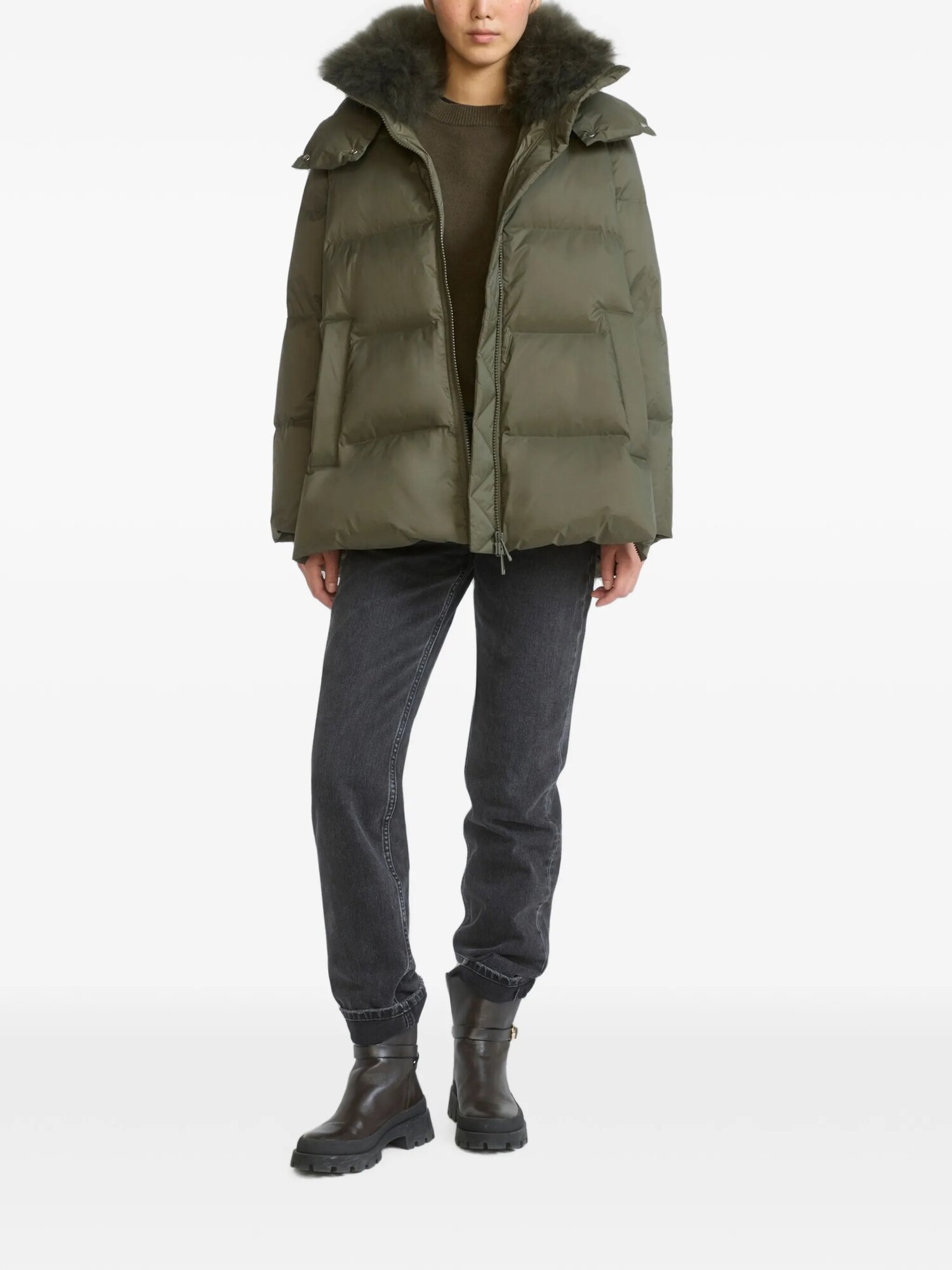 Куртка Yves Salomon A-line shearling-trim jacket, размер 40, зеленый — фото 1
