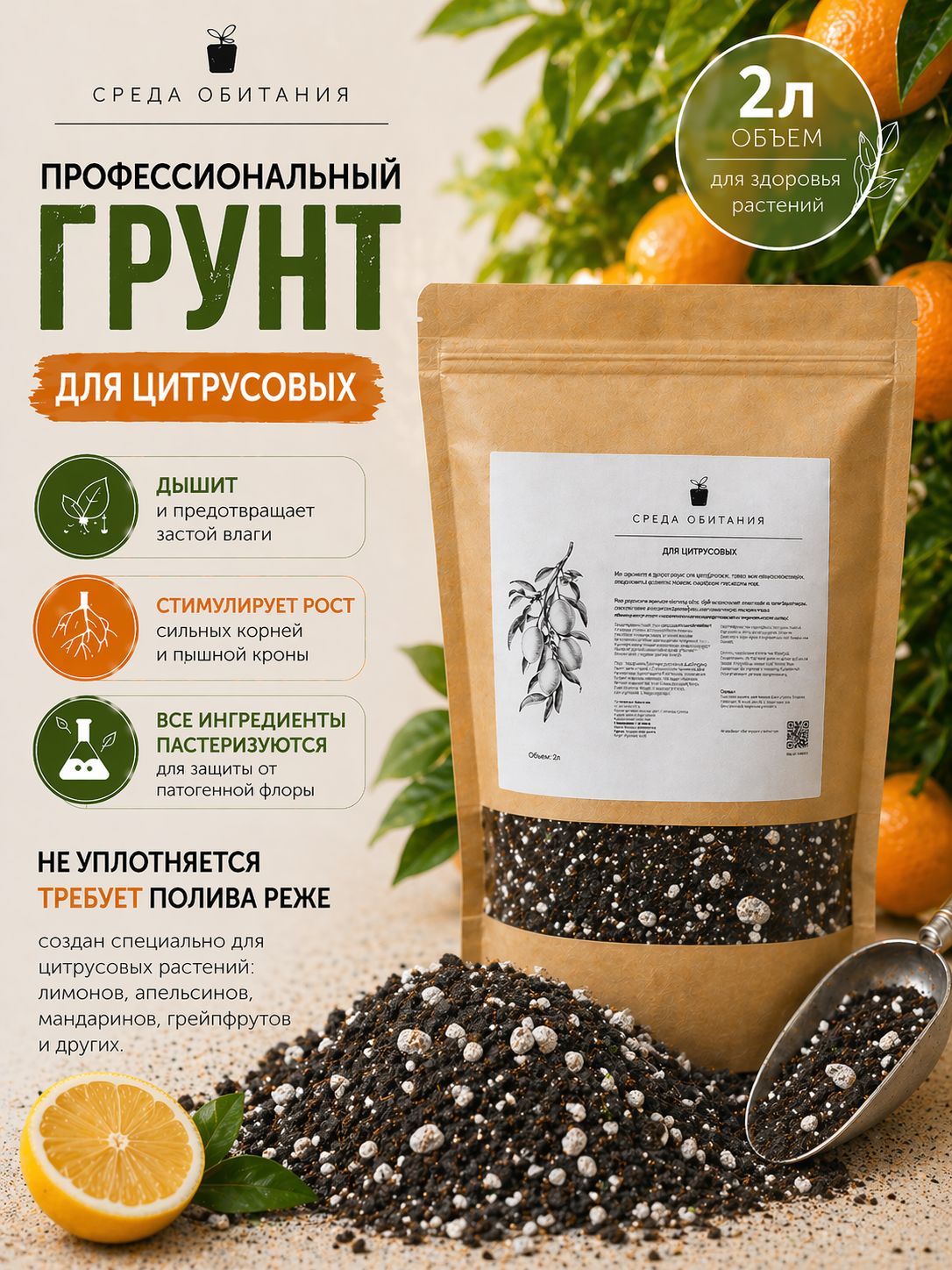 Грунт Среда обитания для цитрусовых: лимона, мандарина, апельсина, кумквата, каламандина и др. 2 л