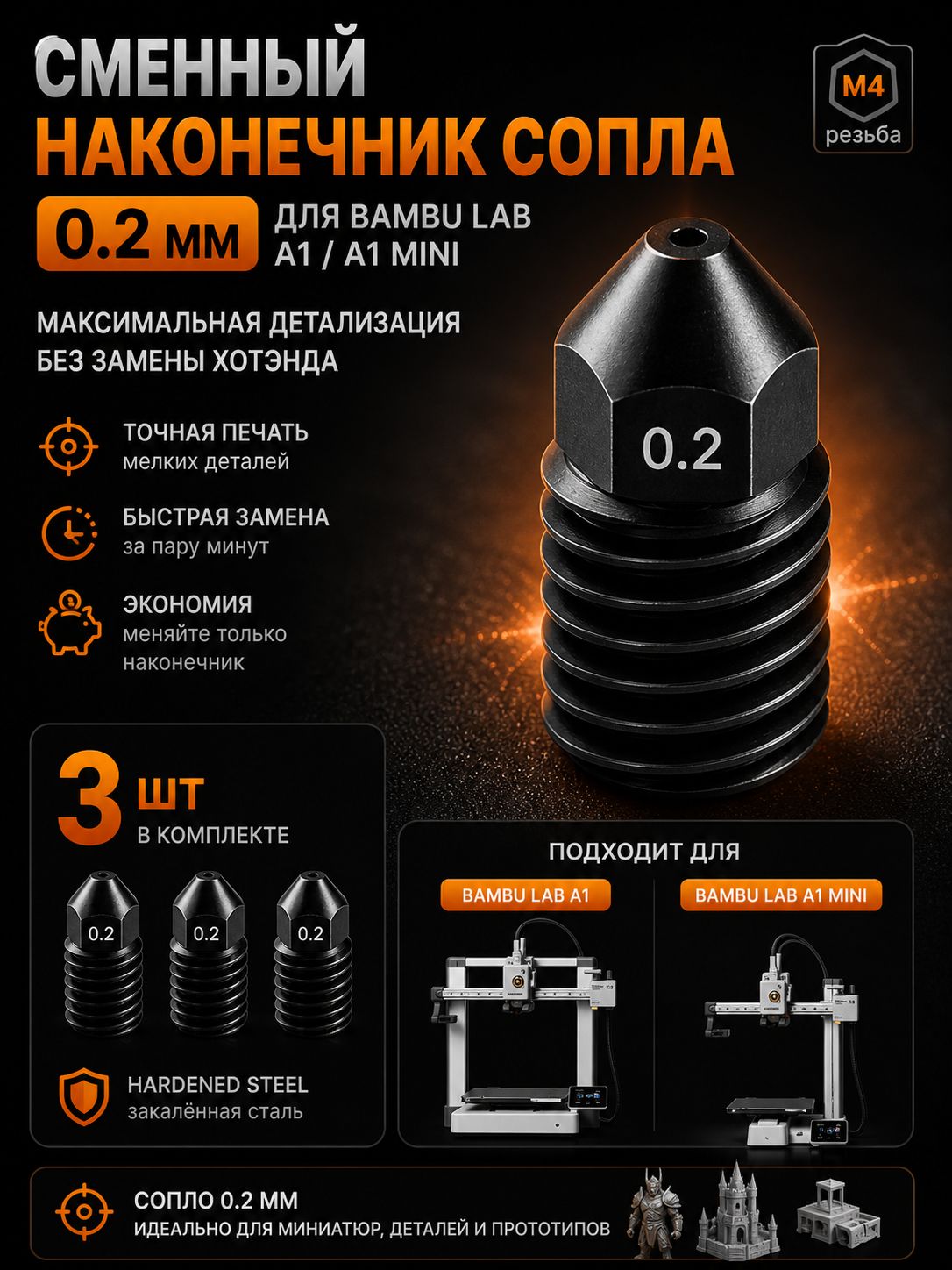 Наконечник сопла 0.2 мм из закаленной стали для Bambu Lab A1 / A1 mini / 3 шт. Сменный кончик / LeanLab