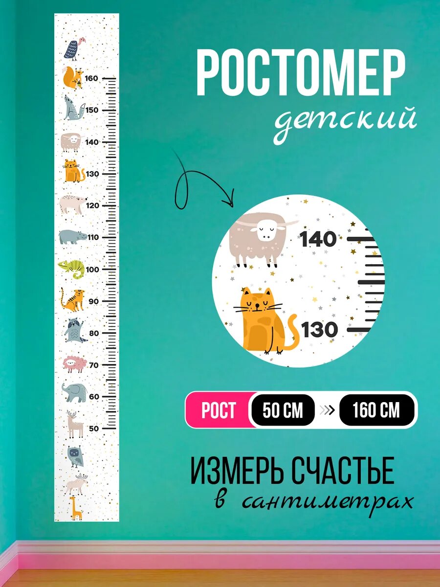 Детская наклейка ростомер на стену Зверушки 20х160 см
